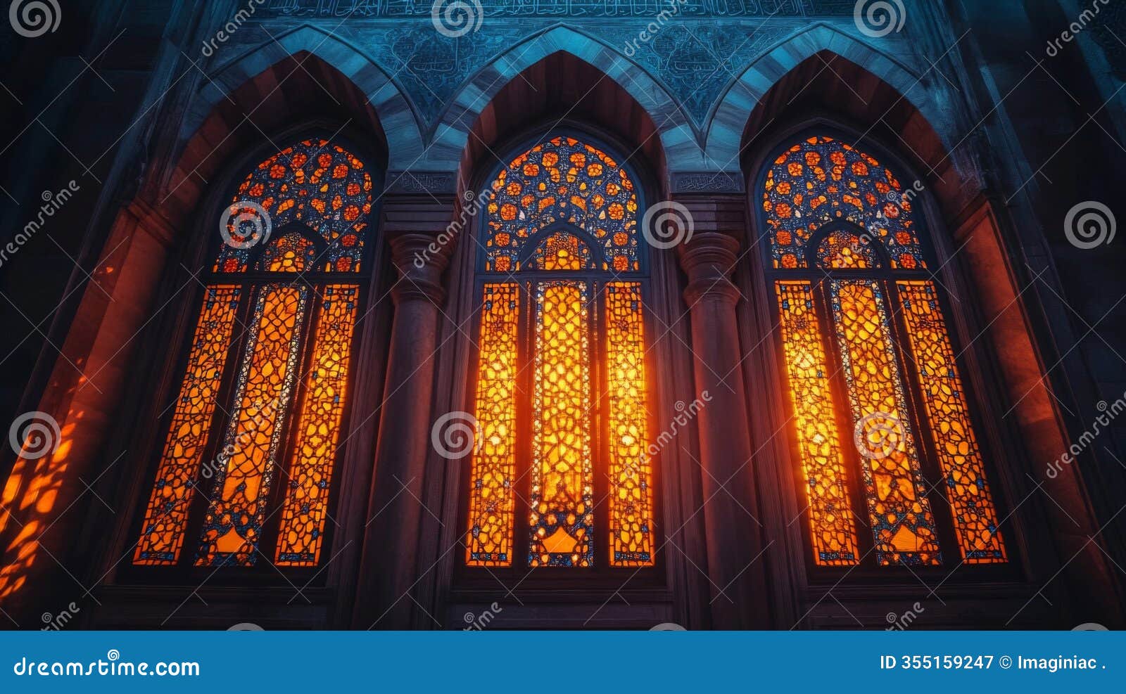 Illuminated Triple Arch Stained Glass Windows Stock Illustration ...