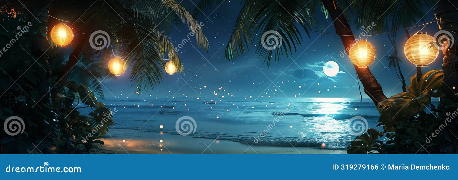 Illuminated Tropical Beach with Lanterns and Starry Night Sky Banner ...