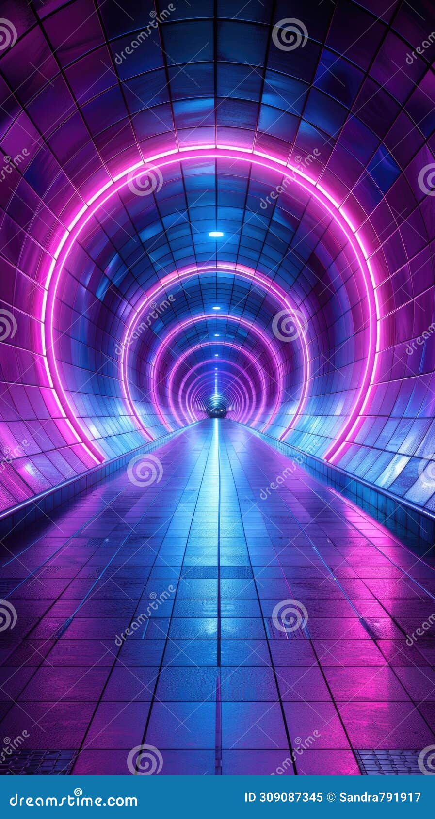 Illuminated Tunnel with Neon Lights Stock Image - Image of perspective ...