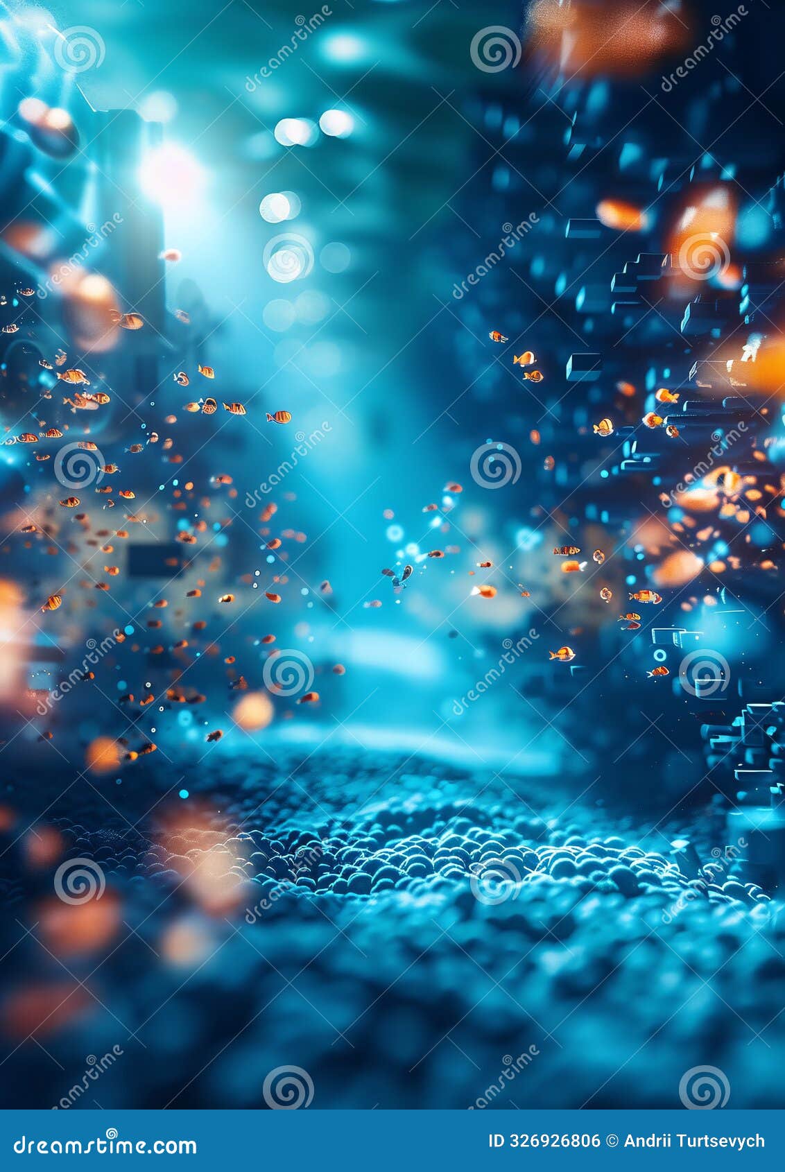 Illuminated Underwater Scene with Bubbles, Light Rays, and Digital ...