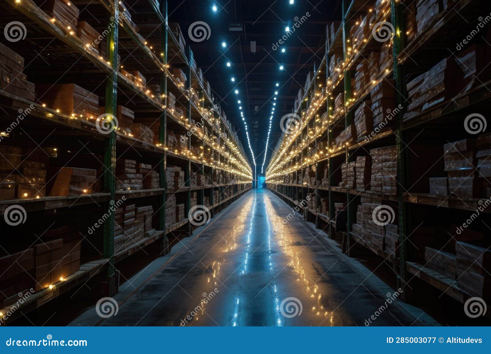 Illuminated Warehouse Aisle with Motion Sensor Lights Stock ...