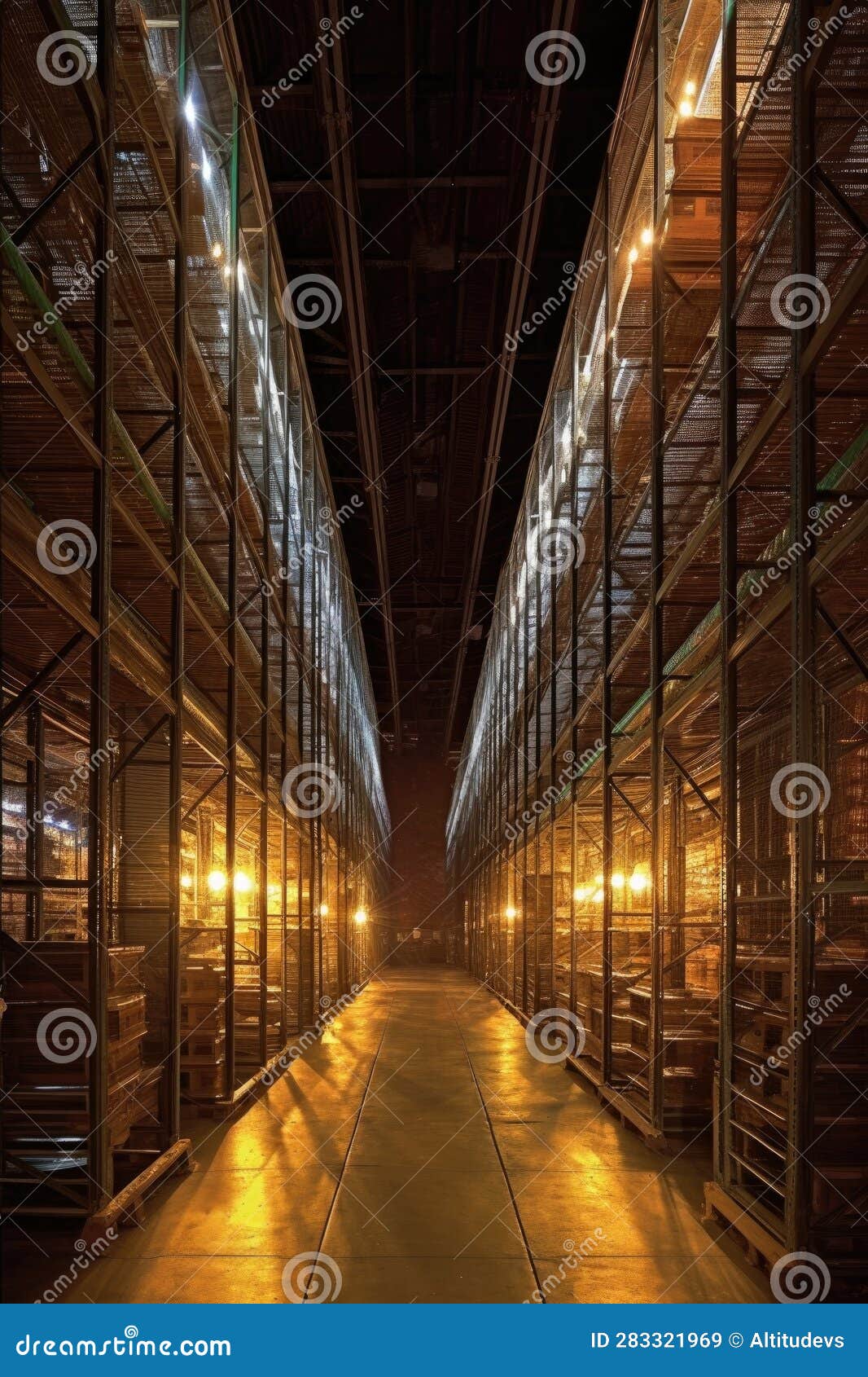 Illuminated Warehouse Aisle with Tall Storage Racks Stock Illustration ...
