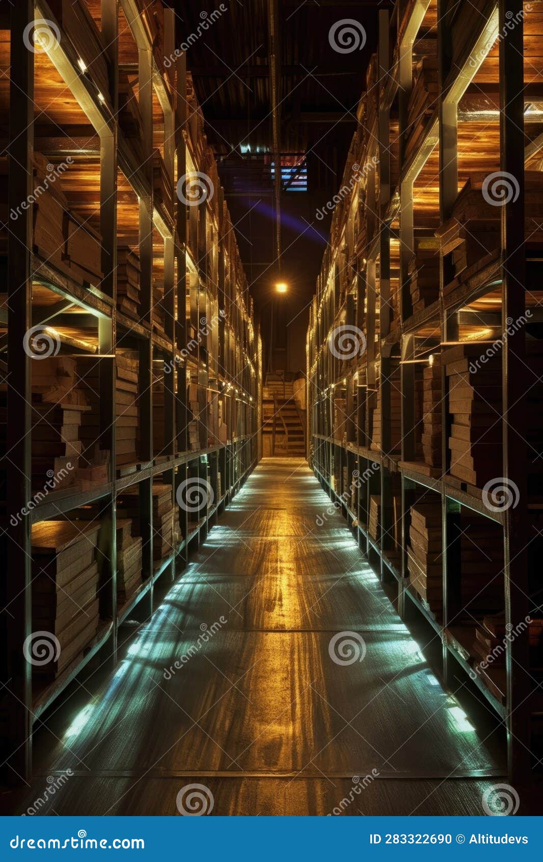 Illuminated Warehouse Aisle With Tall Storage Racks Stock Photography ...