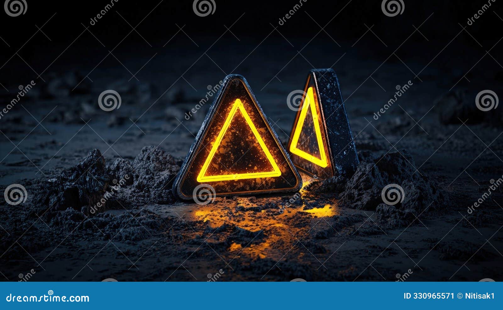Illuminated Warning Signs on a Dark Surface Highlighting Caution in a ...