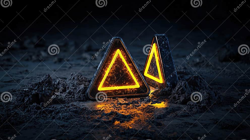 Illuminated Warning Signs on a Dark Surface Highlighting Caution in a ...