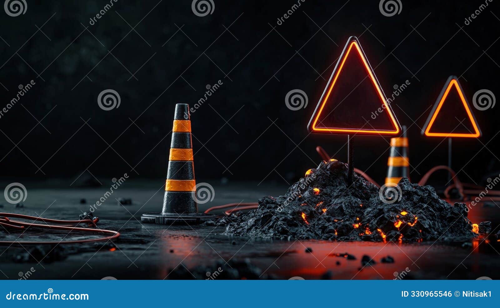Illuminated Warning Signs and Traffic Cone in a Dark Environment ...