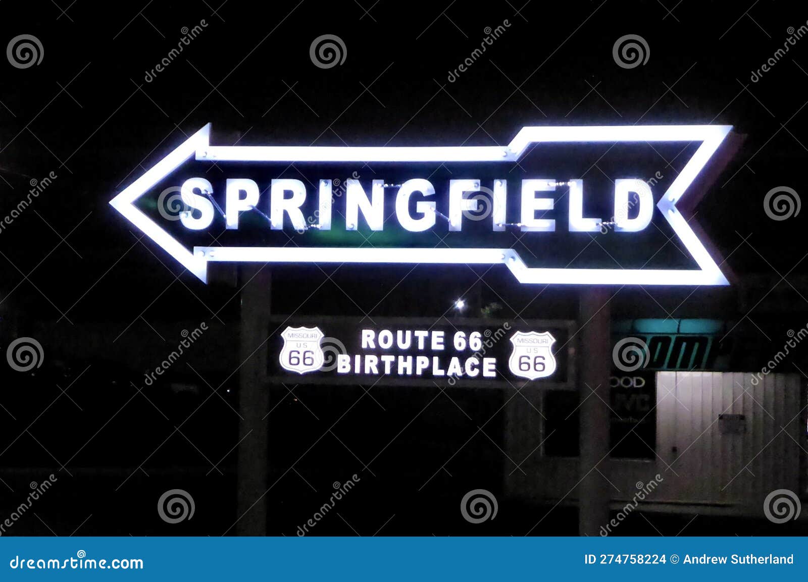 Illuminated Springfield Arrow Sign on Route 66, June 2014. Editorial ...