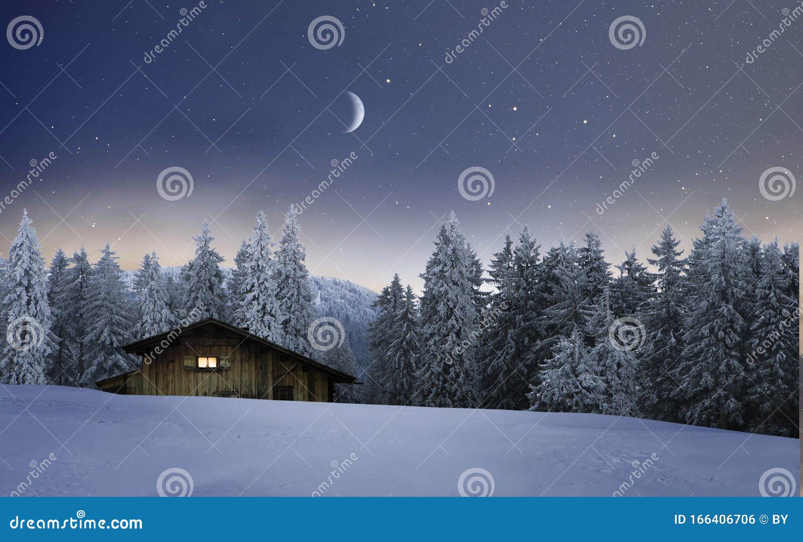 Illuminated Wooden Hut in a Winter Night Stock Photo - Image of tree ...