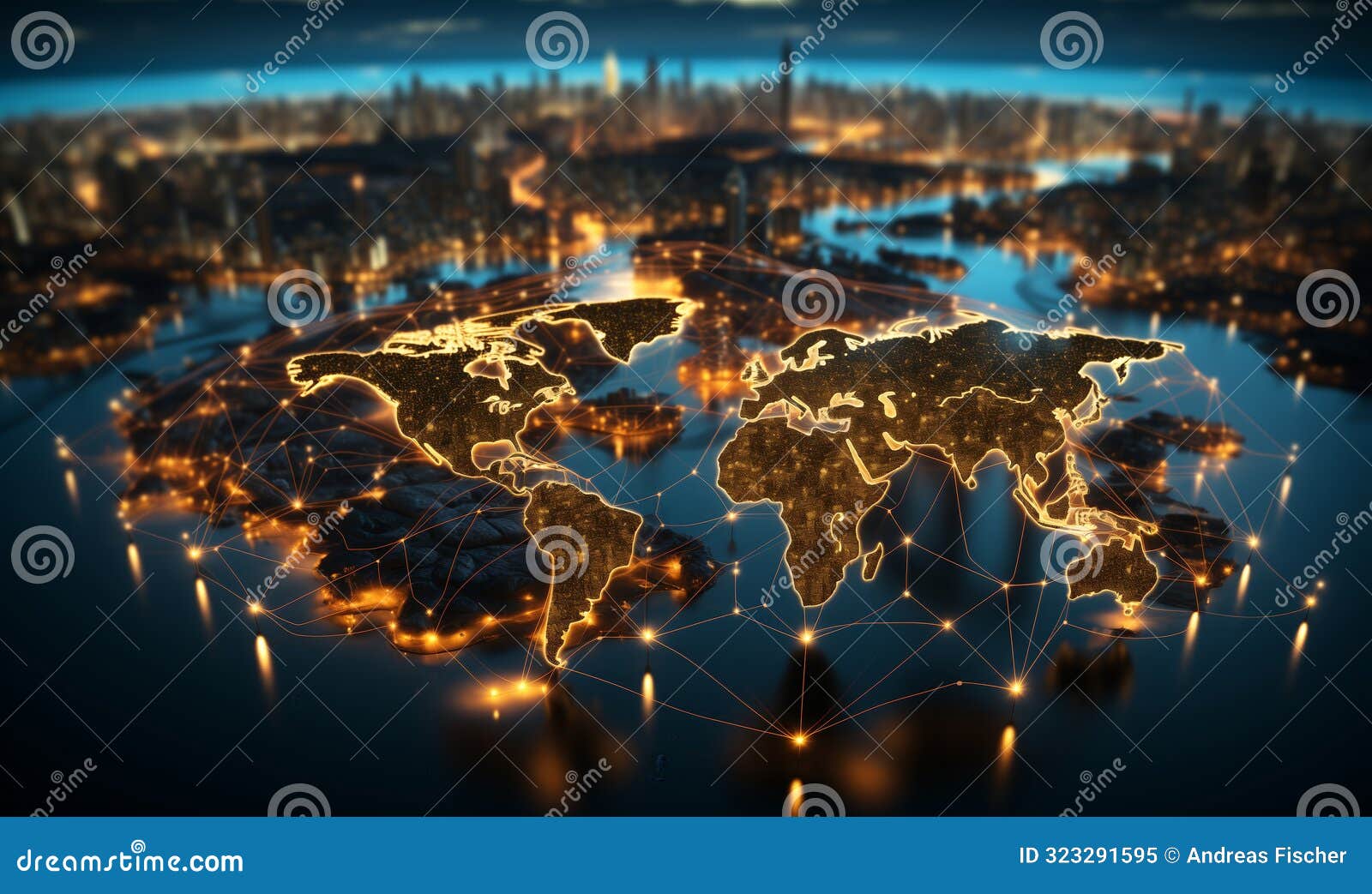 Illuminated World Map with a City Background. Stock Image - Image of ...