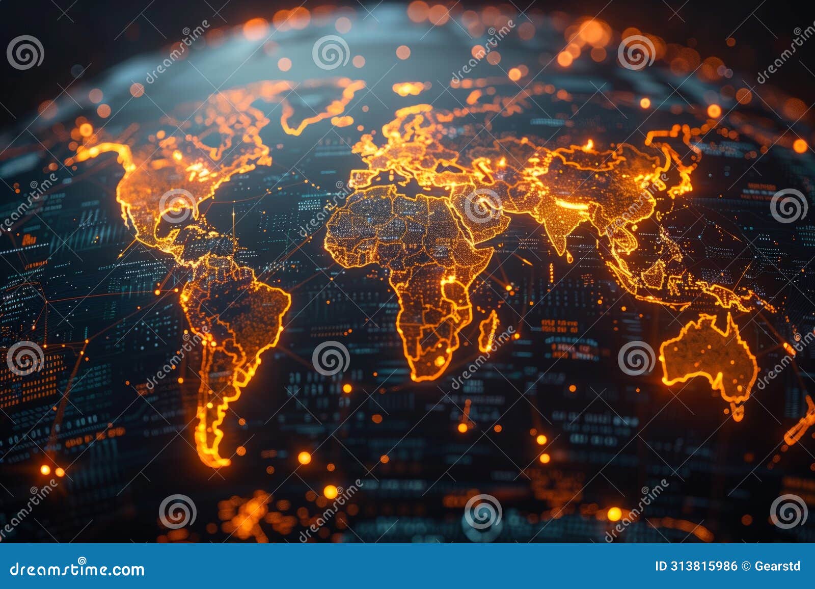 Illuminated World Map on Digital Grid Stock Photo - Image of digital ...