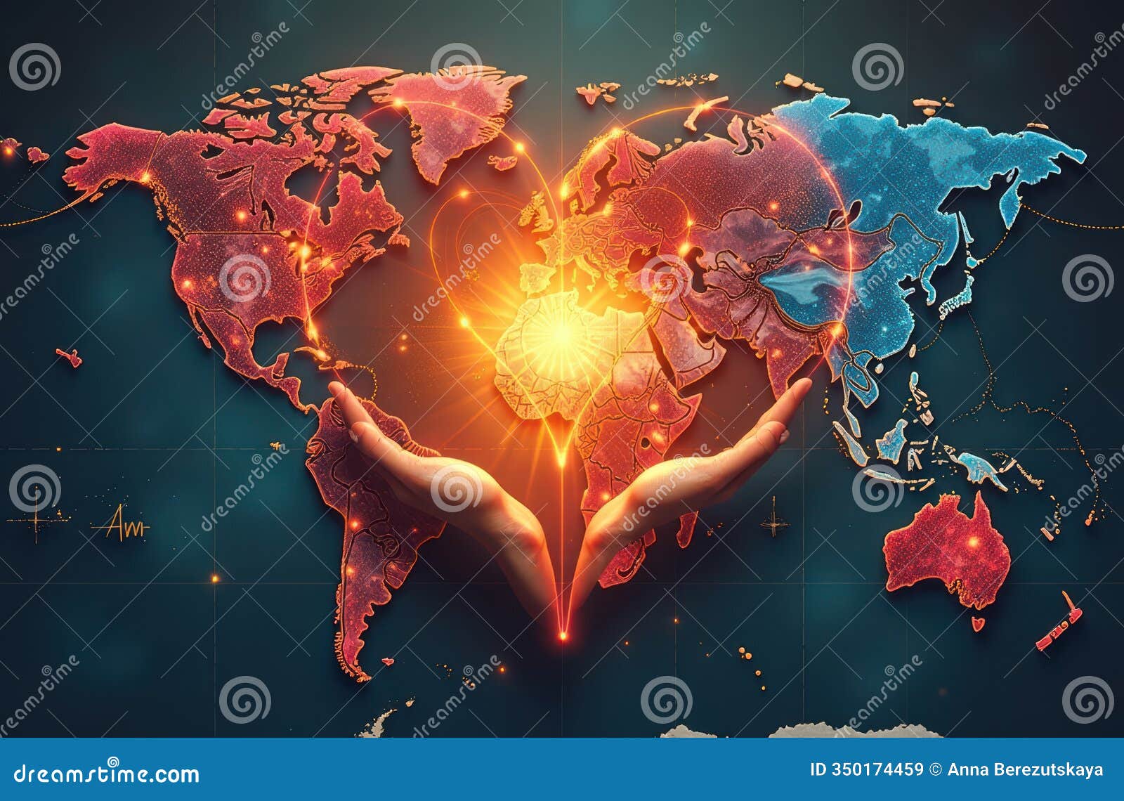 Illuminated World Map with Heart and Hands Symbolizing Global Unity and ...