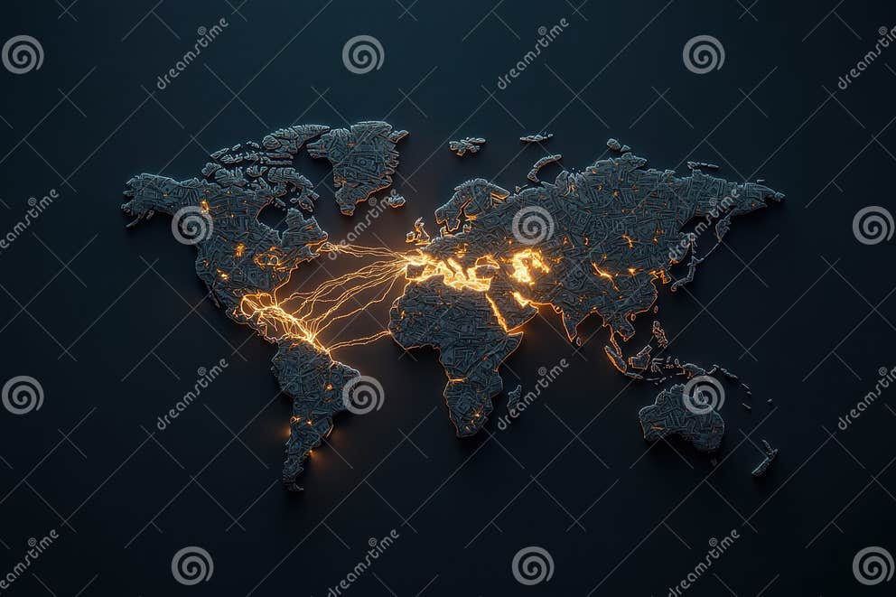 Illuminated World Map Visualizing Global Connections and Pathways ...