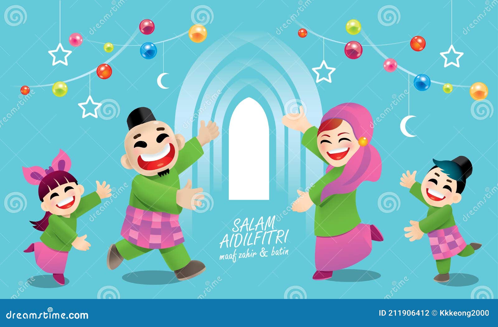A Muslim Family Celebrating Raya Festival. with Raya Elements and ...