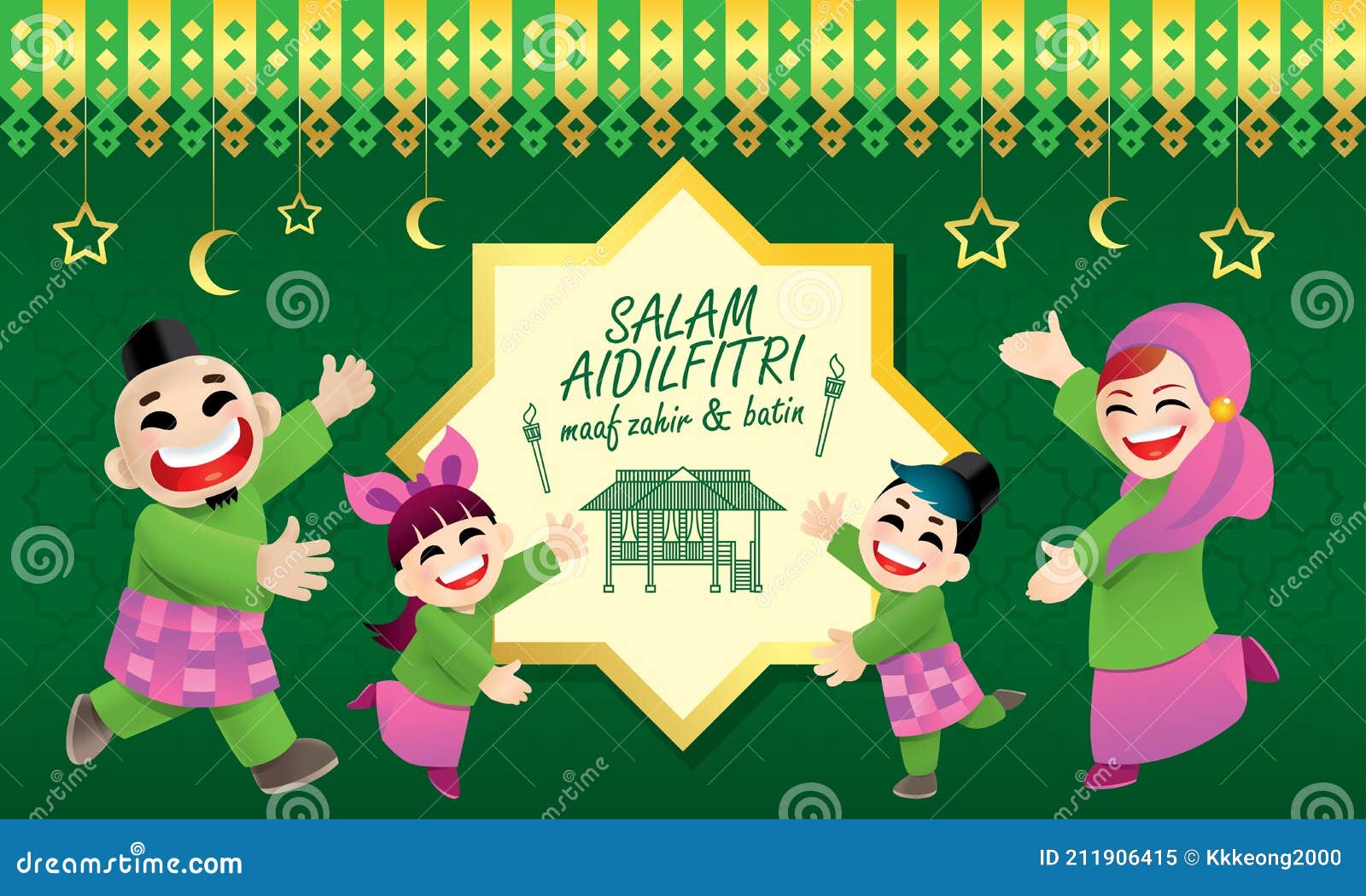 A Muslim Family Celebrating Raya Festival. with Raya Elements and ...