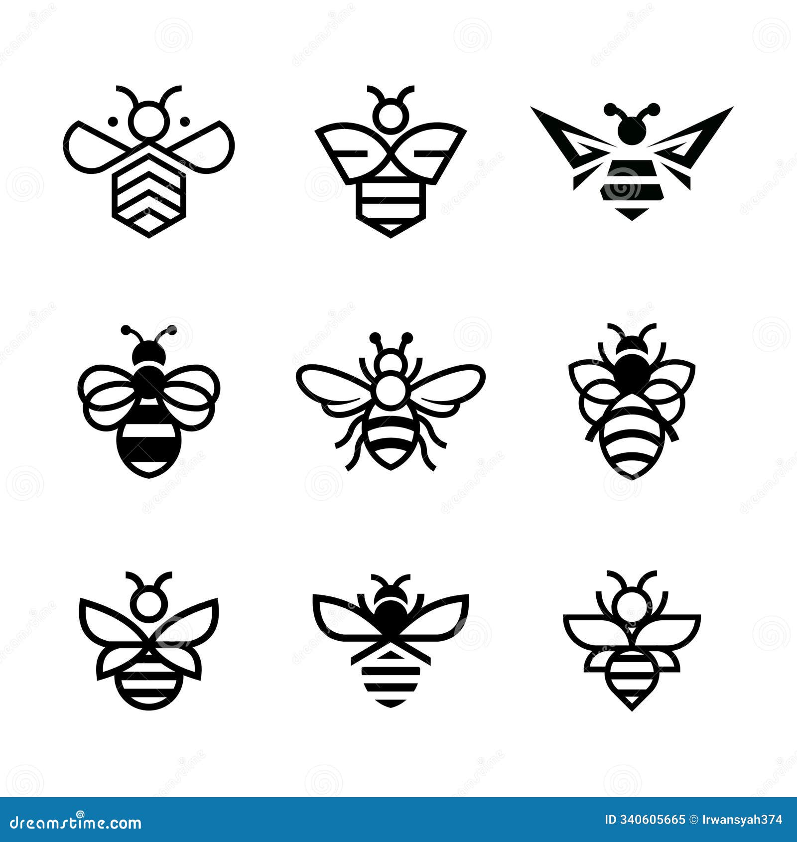 Illustraition of Cute Flat Bee Icons Set, Black White Stock ...
