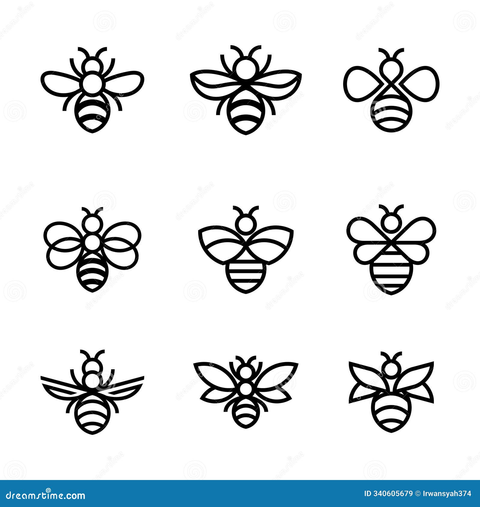 Illustraition of Cute Flat Bee Icons Set, Black White Stock ...