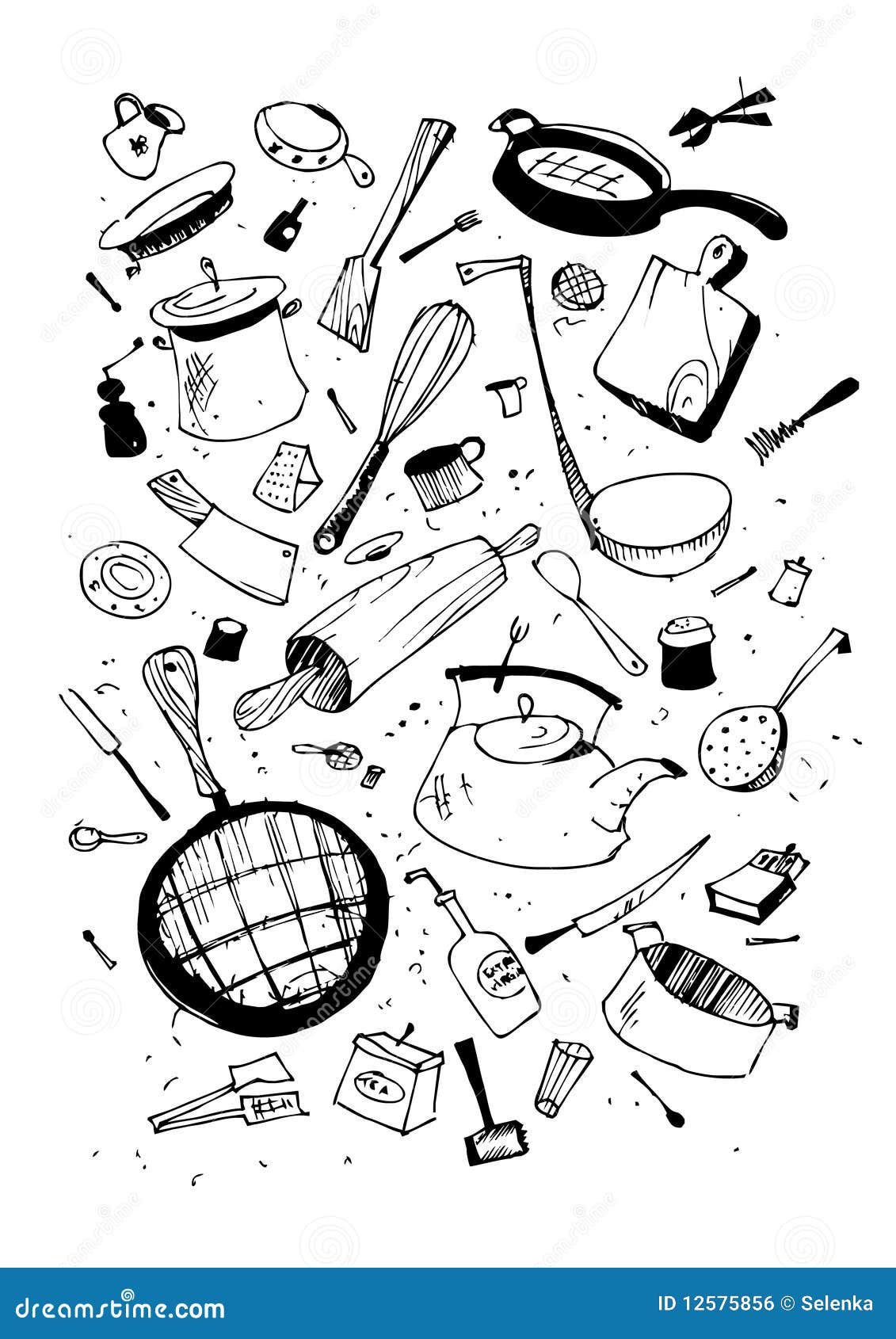 Kitchen Utensil Set Illustration, Drawing, Engraving, Line Art, Vector ...