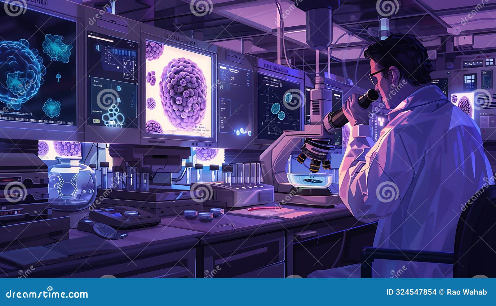 Illustrate a Clean, Modern Research Facility Where a Scientist Observes ...