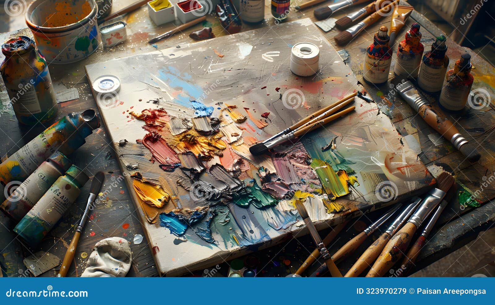 Illustrate a Cluttered Artists Workspace from a Dynamic Tilted ...