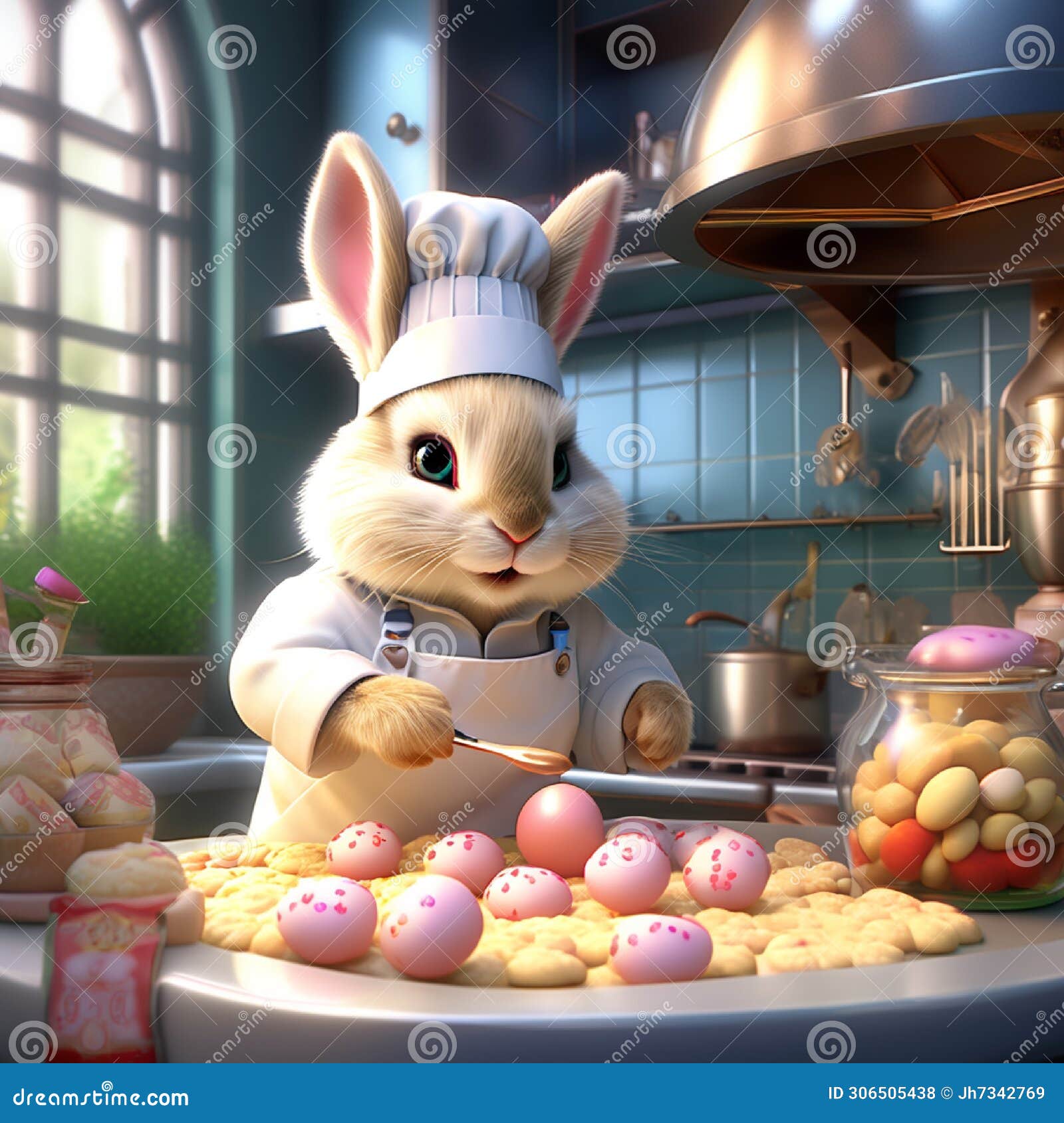 Illustrate a Cute Bunny in a Chef Hat Baking Easter Egg Shaped Cookies ...