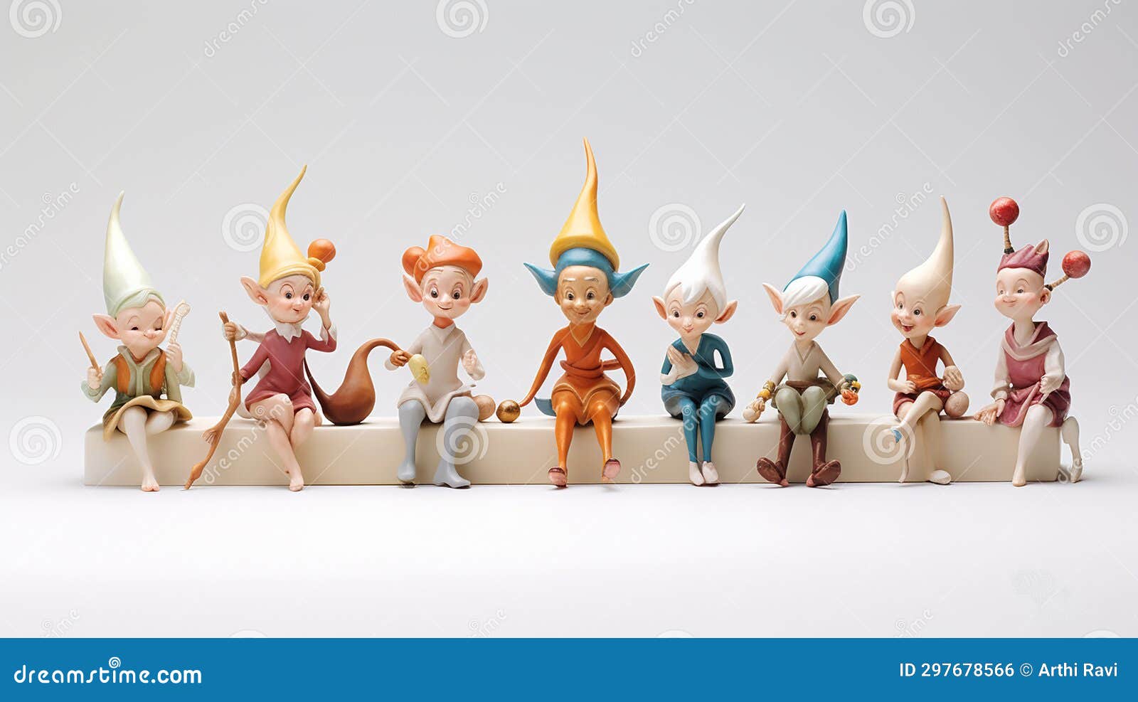 Illustrate a Group of Playful Elf Figurines in Various Poses on White ...