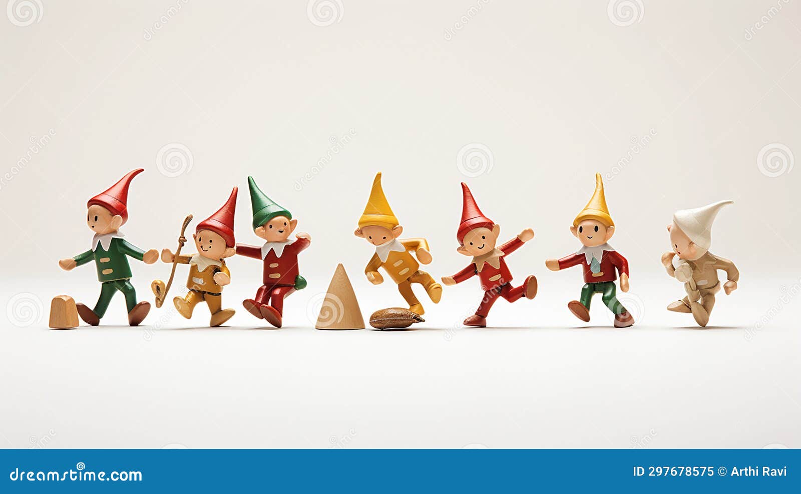 Illustrate a Group of Playful Elf Figurines in Various Poses on White ...