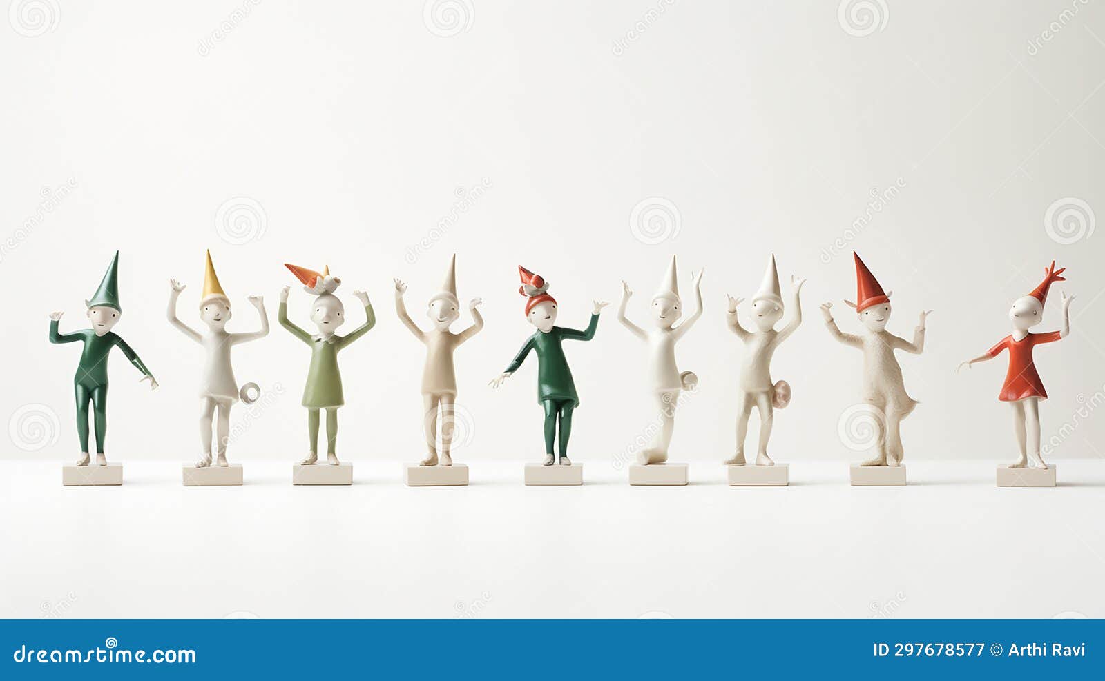 Illustrate a Group of Playful Elf Figurines in Various Poses on White ...