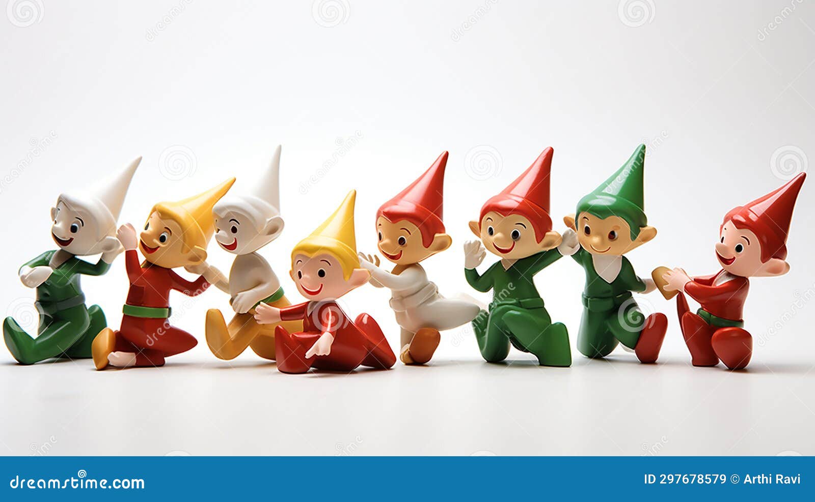 Illustrate a Group of Playful Elf Figurines in Various Poses on White ...