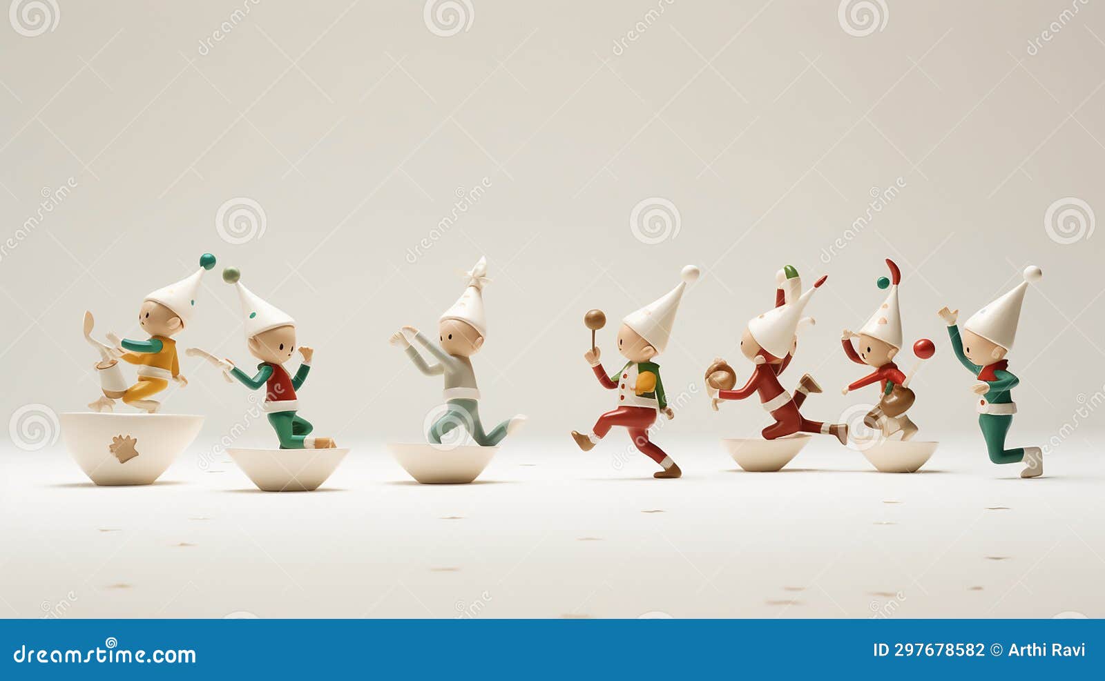 Illustrate a Group of Playful Elf Figurines in Various Poses on White ...