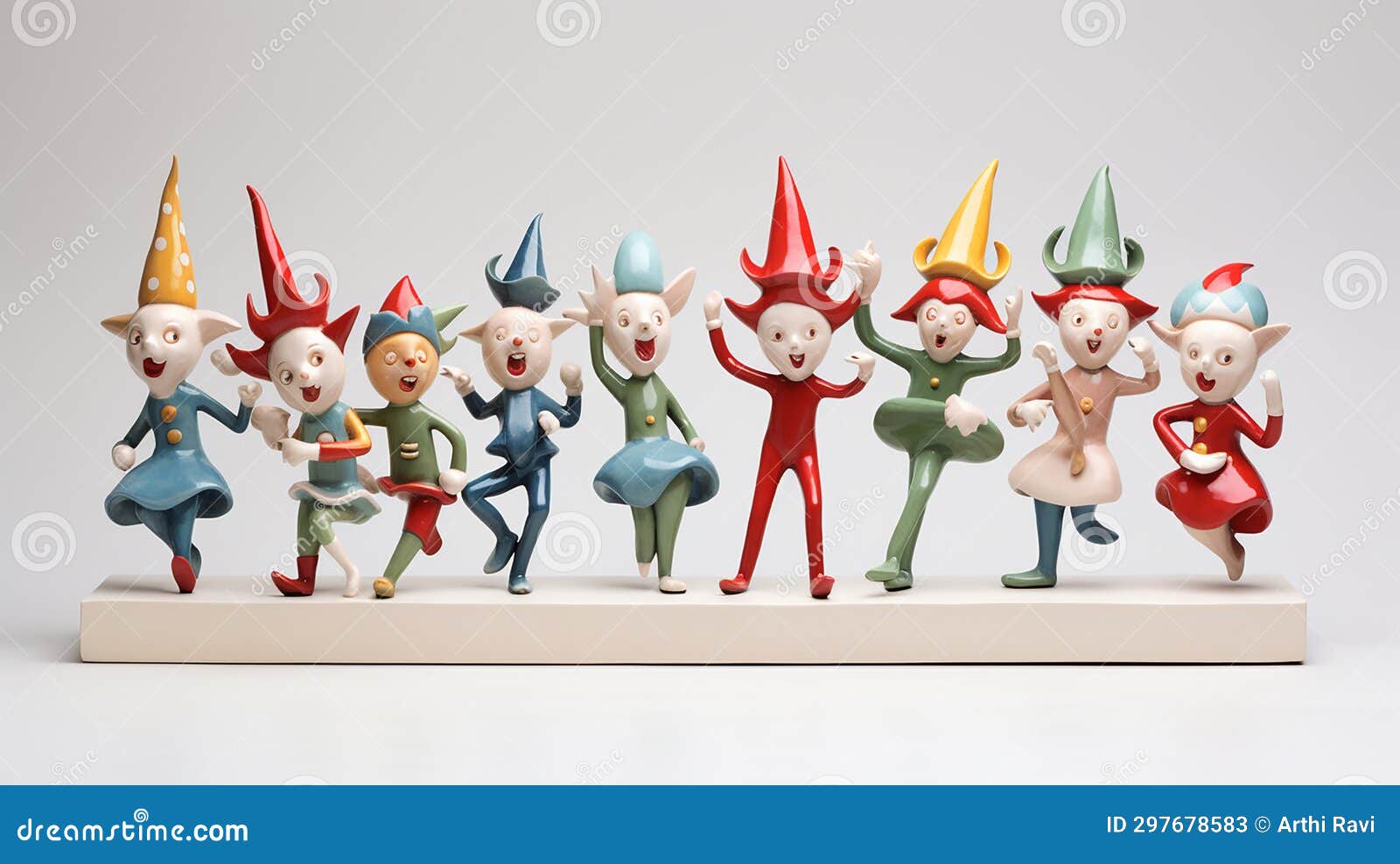 Illustrate a Group of Playful Elf Figurines in Various Poses on White ...