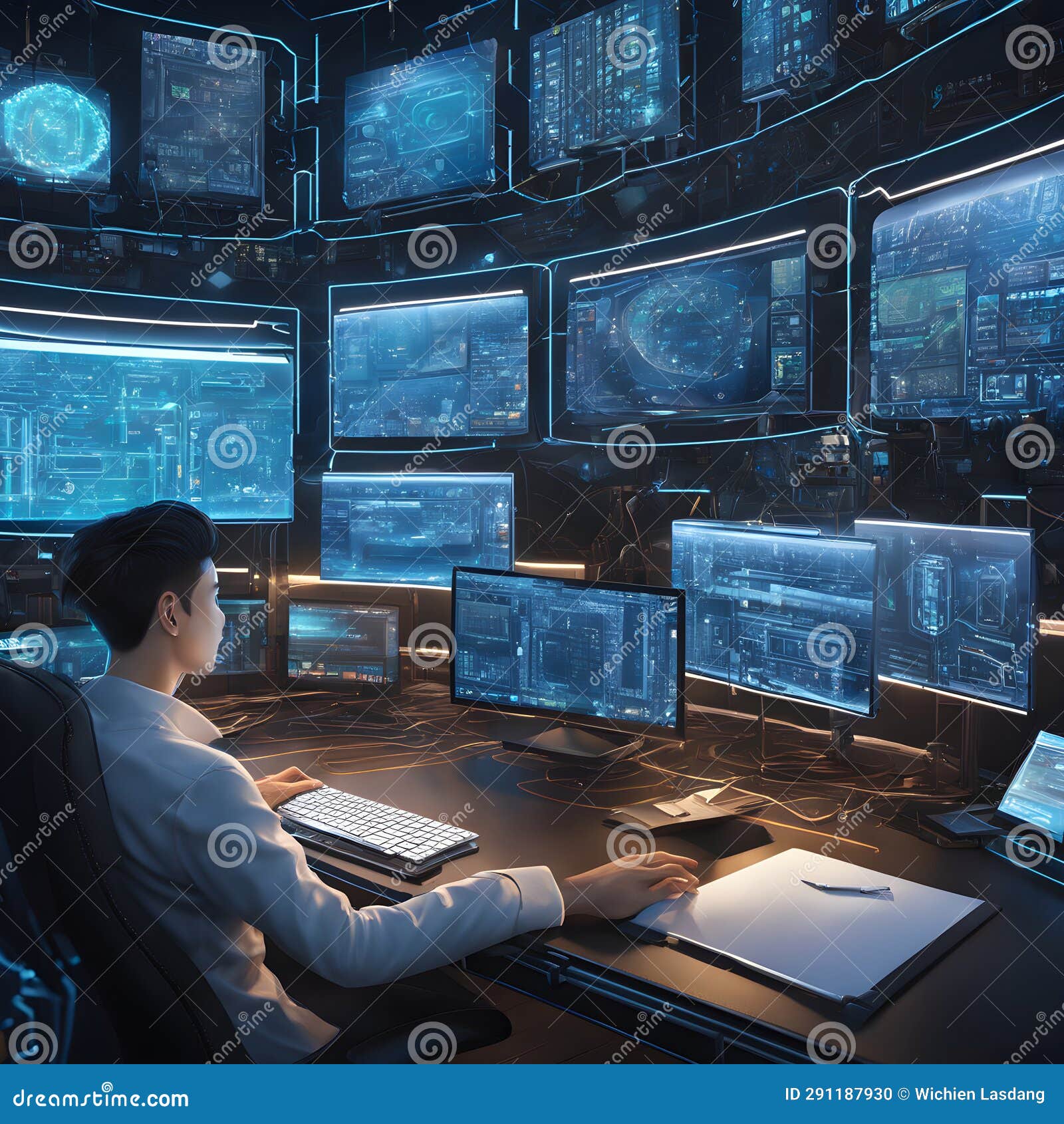 Illustrate a Hacker S Den, Filled with Floating Screens and Interfaces ...