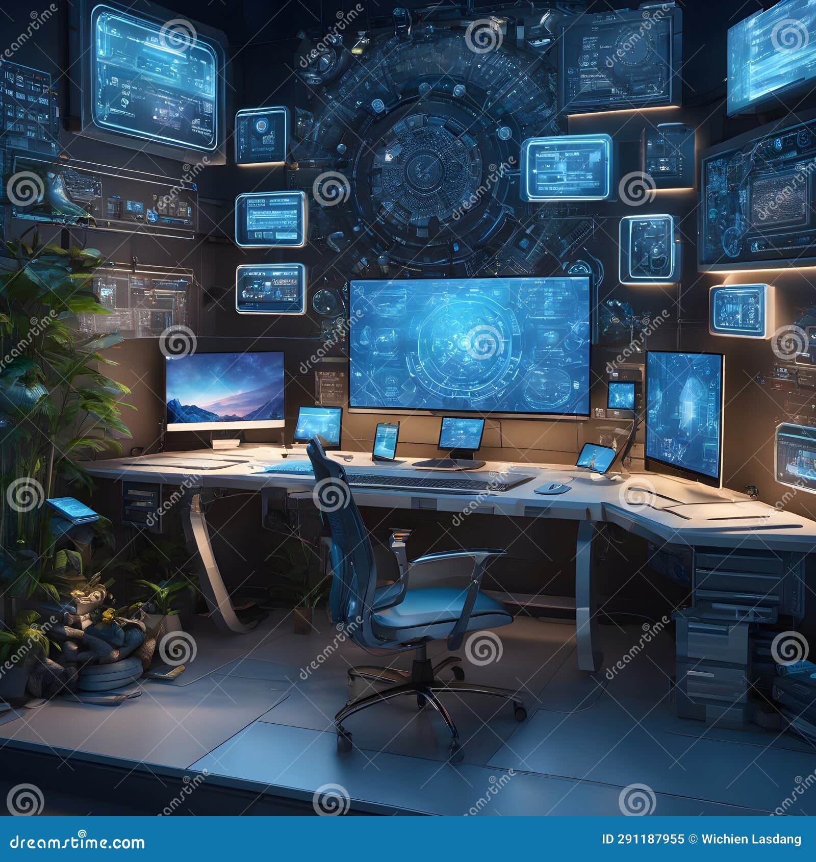Illustrate a Hacker S Den, Filled with Floating Screens and Interfaces ...