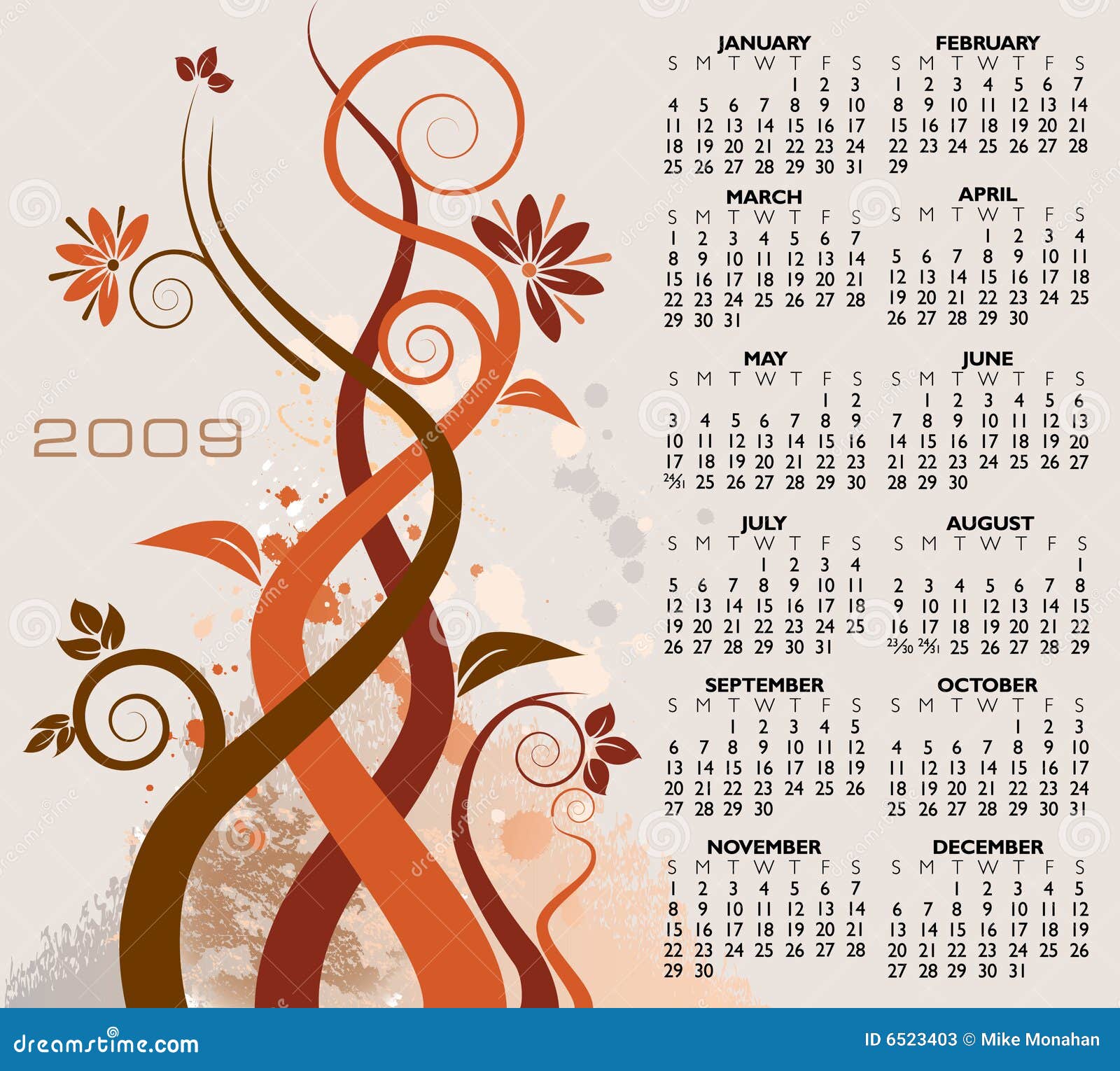 Illustrated 2009 Calender stock vector. Illustration of reddish - 6523403