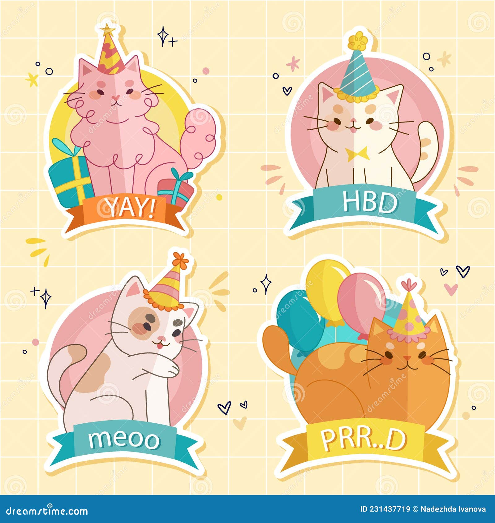 Illustrated Birthday Kittens Sticker Set Vector Illustration. Stock ...