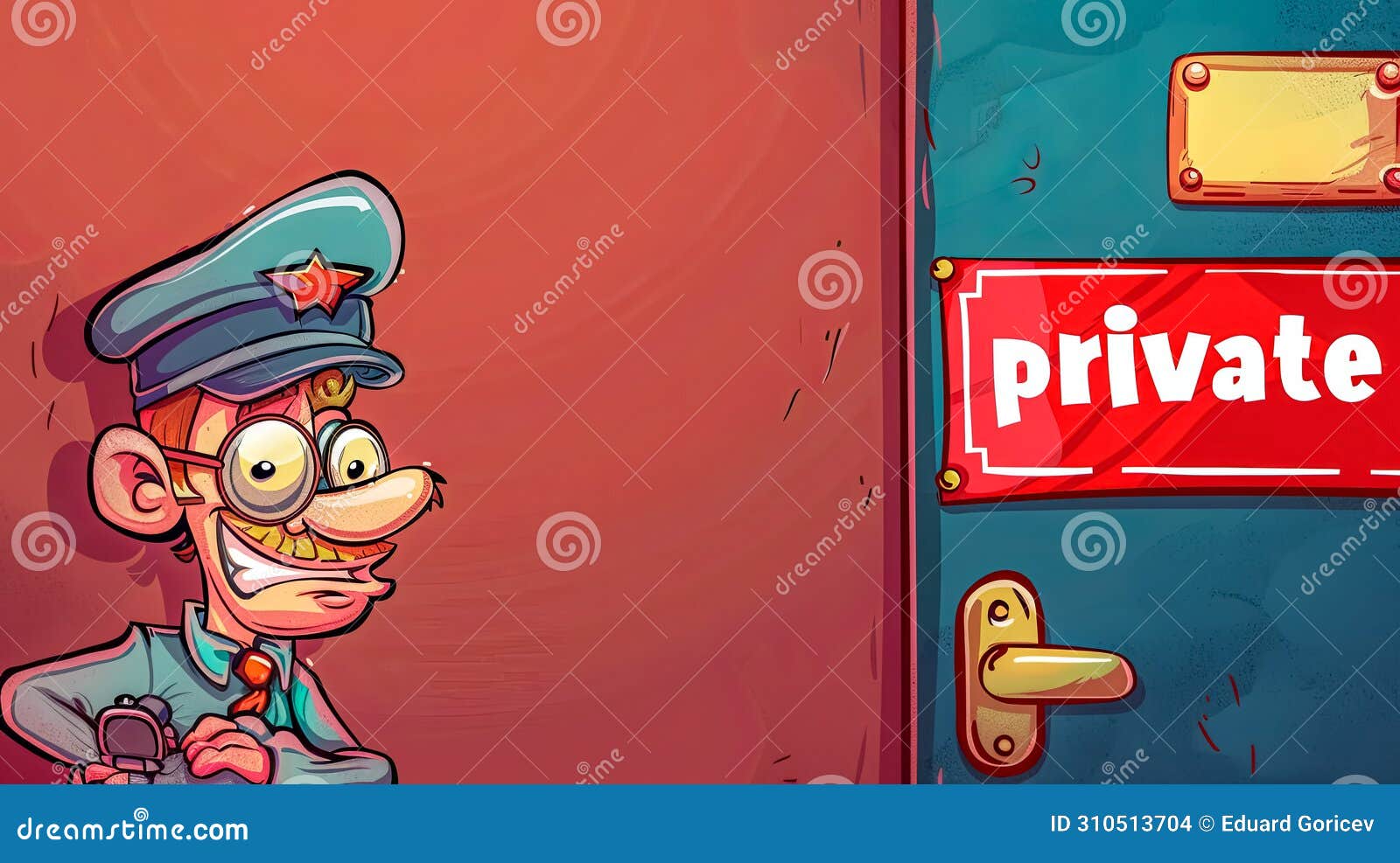 Cartoon Security Guard by Private Door Sign Stock Photo - Image of ...