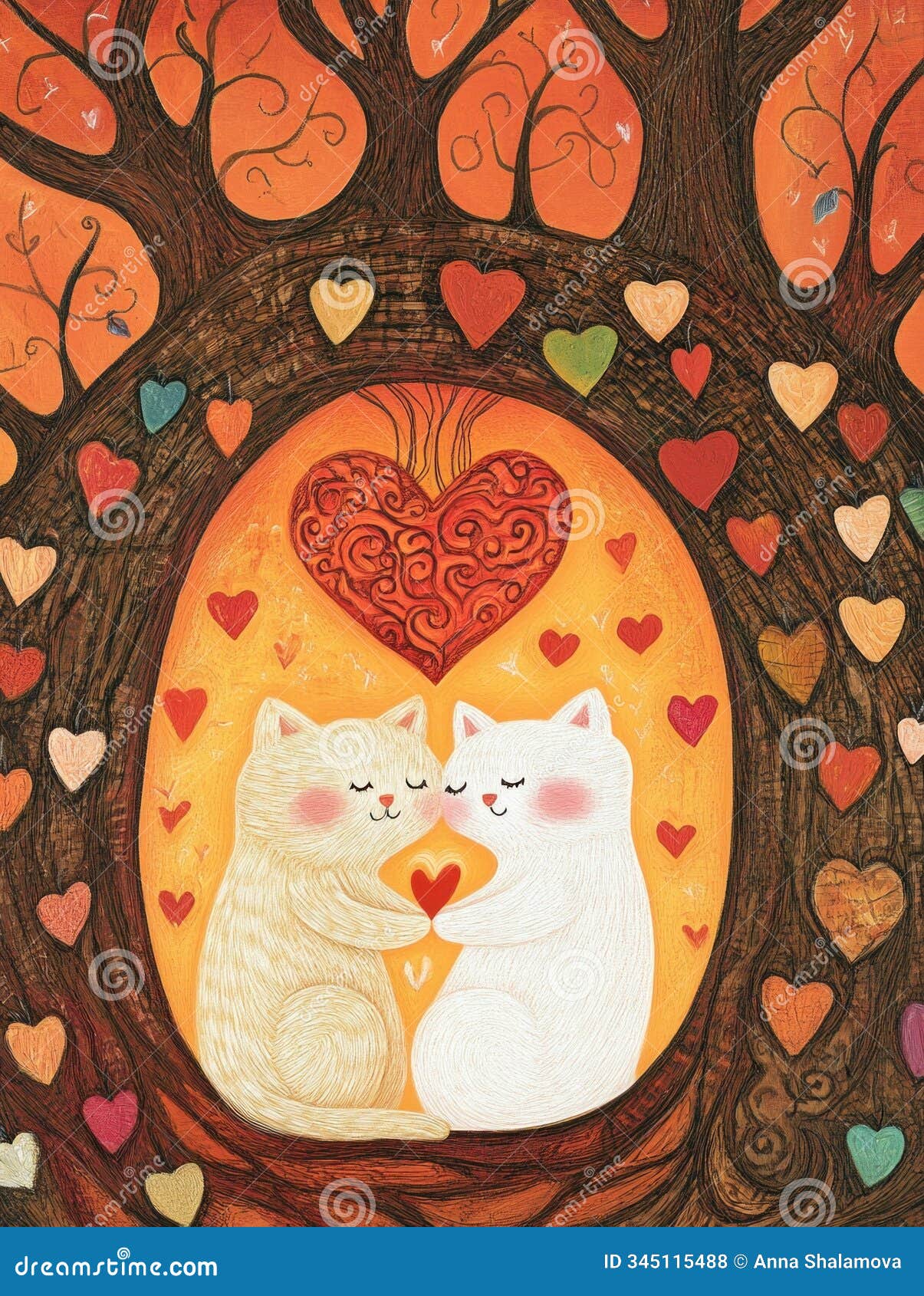 Illustrated Cats Hugging in a Heart-filled Tree Scene Stock Photo ...