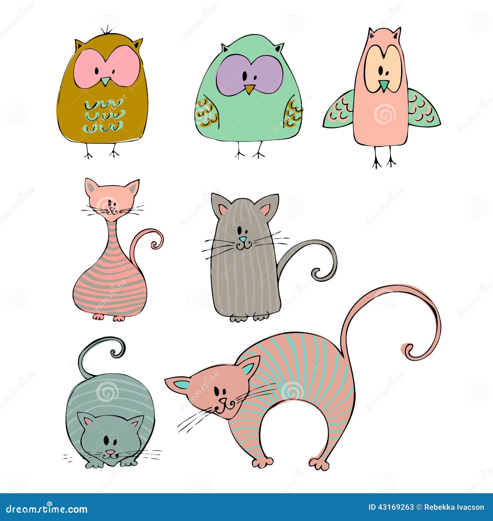 Illustrated cats and owls stock vector. Illustration of pussycat - 43169263