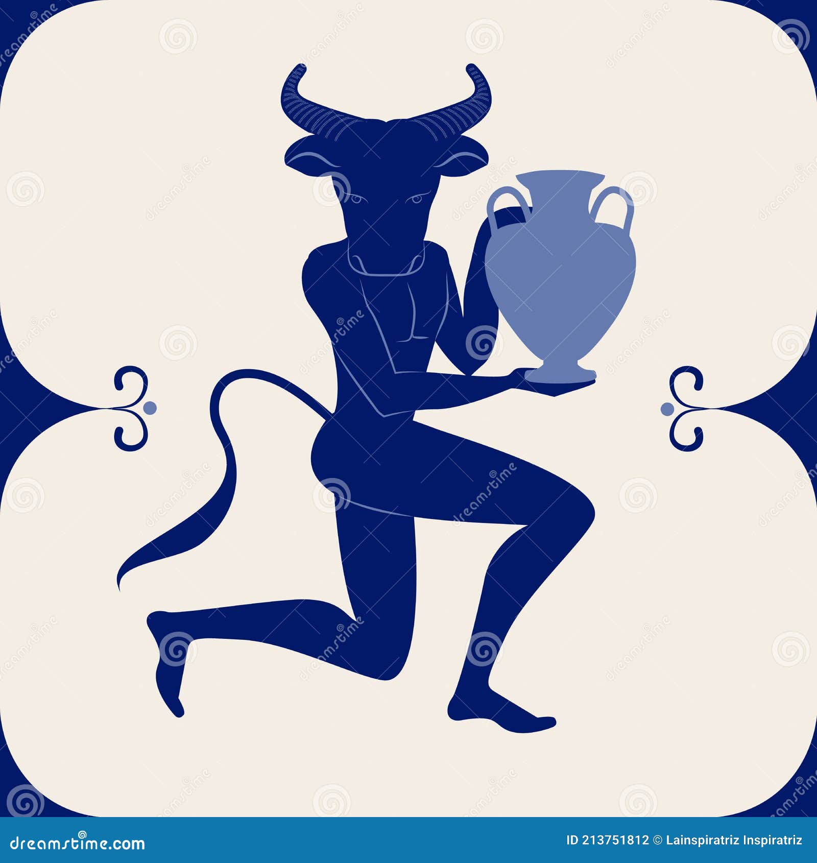 Illustrated Ceramic Tile. Minotaur Knee in Earth Carrying an Amphora ...