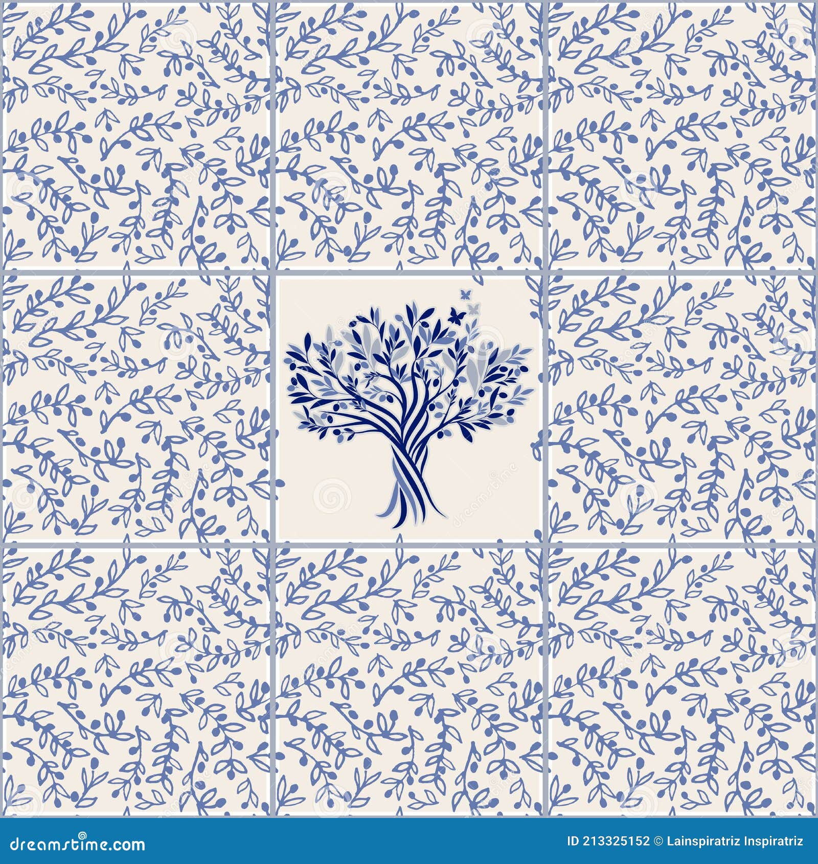 Illustrated Ceramic Tile. Pattern of Hand-drawn Olive Branches and ...