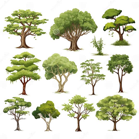 Illustrated Collection of Different Types of Trees with Various Shapes ...