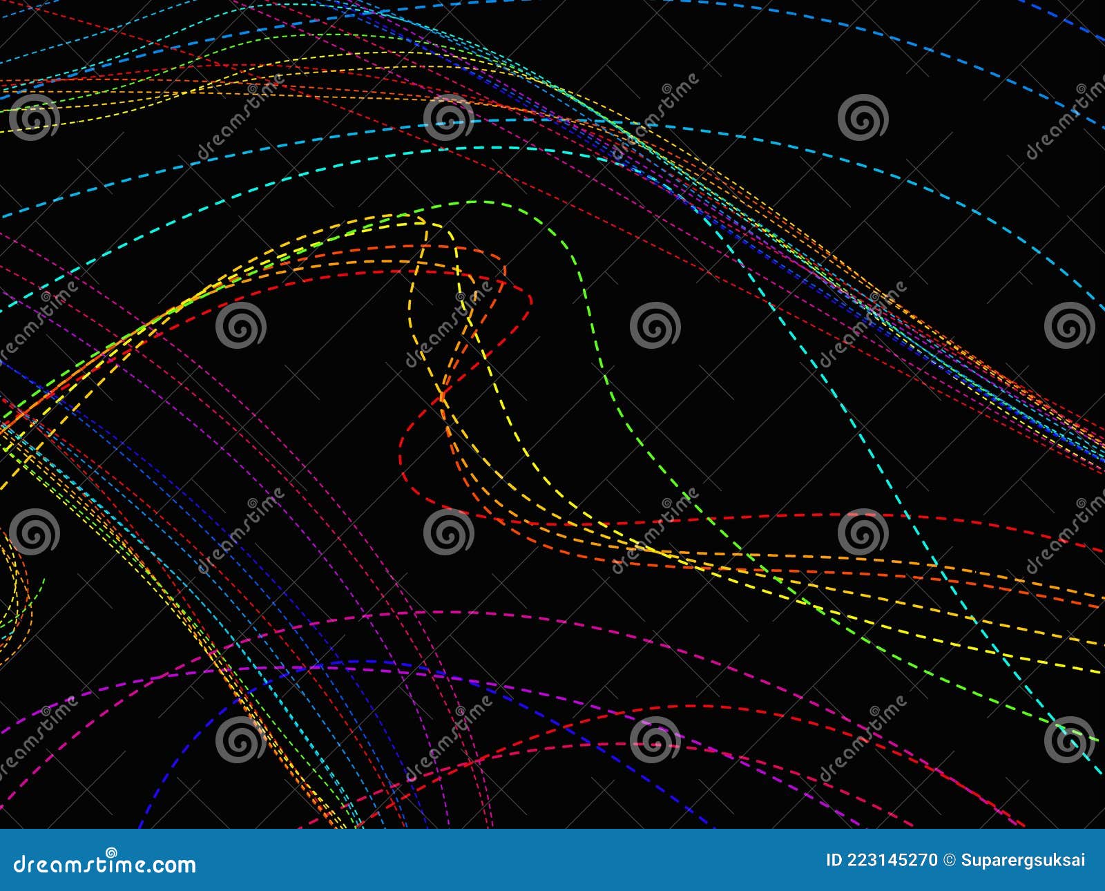 Illustrated Colorful Curved Wavy Dashed Lines on Black Background Stock ...