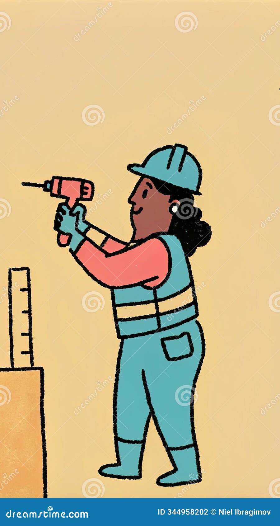 Illustrated Construction Worker Drilling with Confidence in Protective ...
