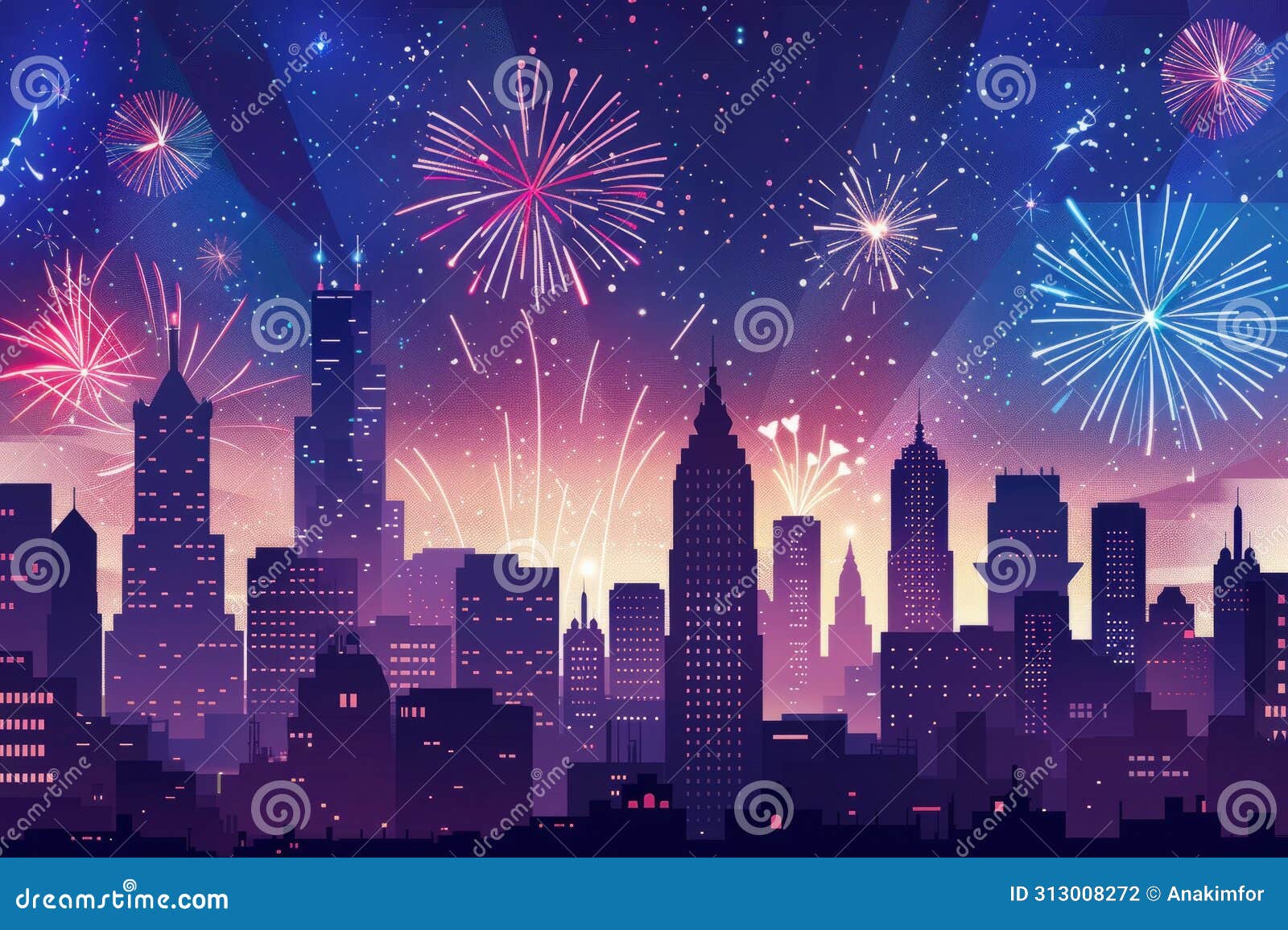 Illustrated Fireworks Display Over City Skyline. Stock Photo - Image of ...