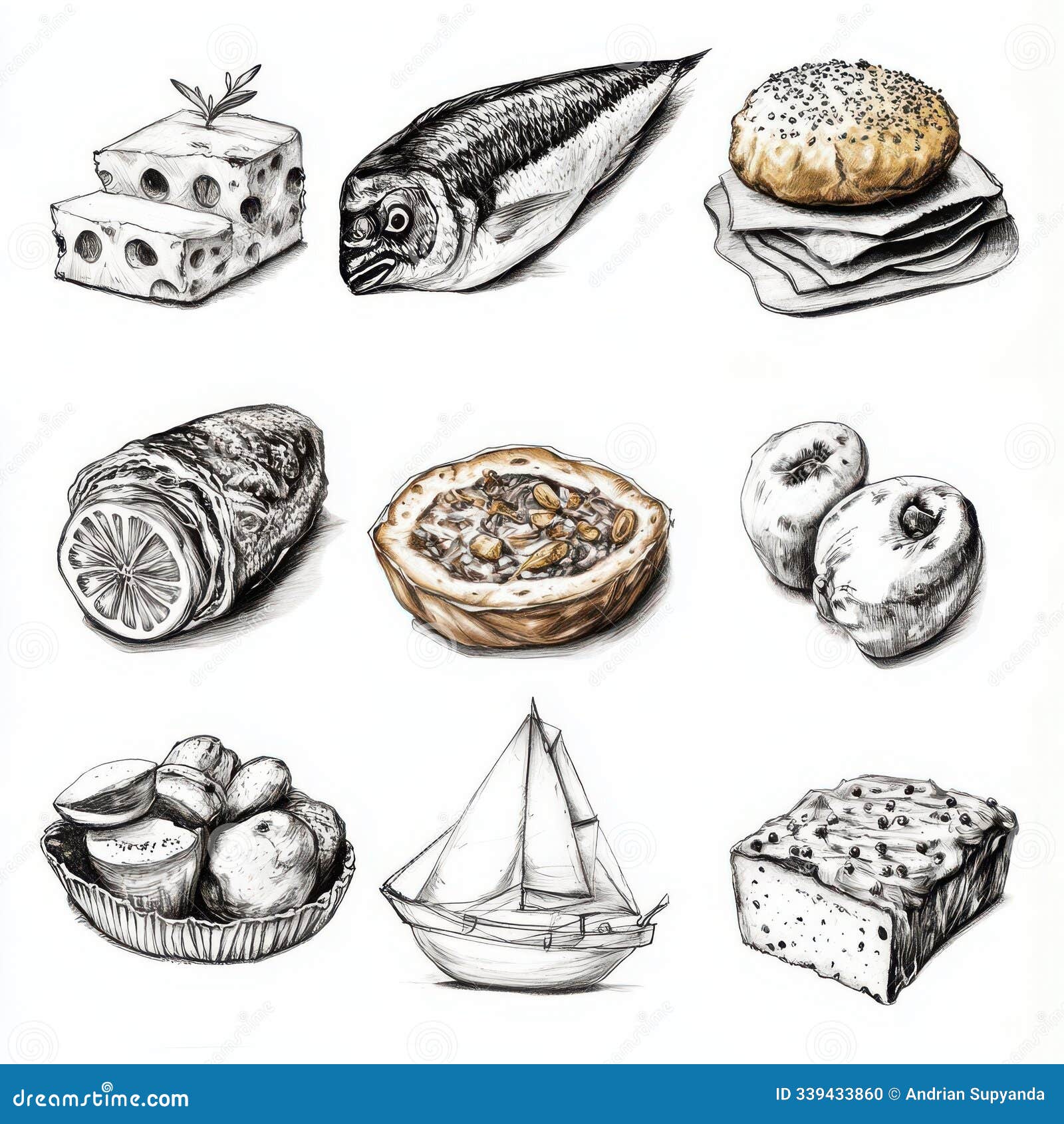 Illustrated Food & Objects, Fish, Bread, Fruit, Pastry, Cake, Lemon ...