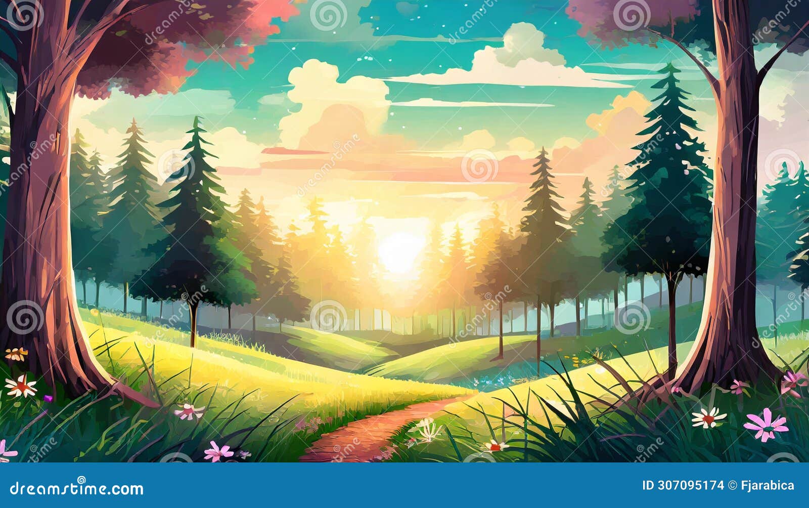 Illustrated forest stock photo. Image of landscape, flower - 307095174