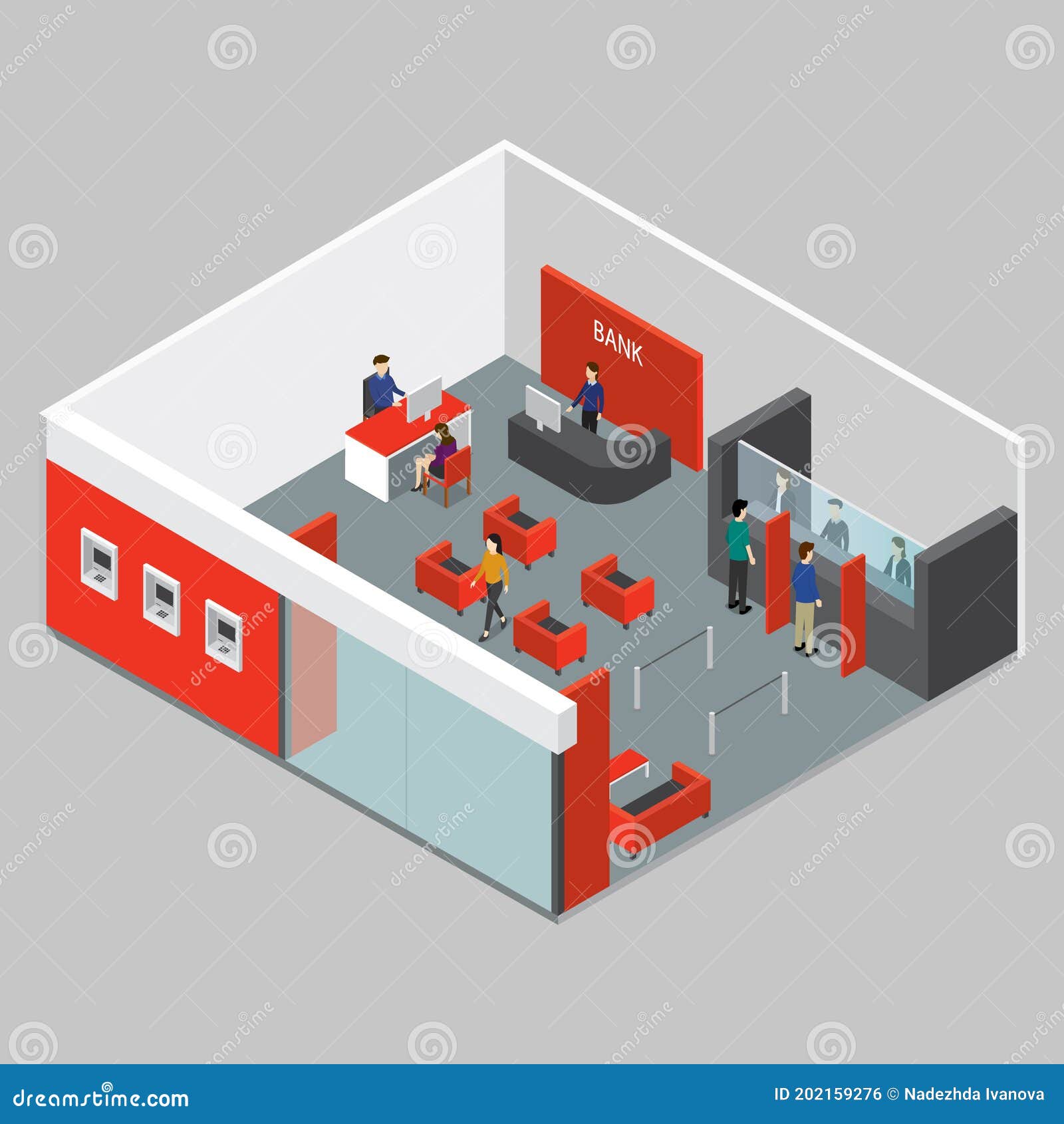 Illustrated Isometric Interior of Bank Vector Illustration Stock ...