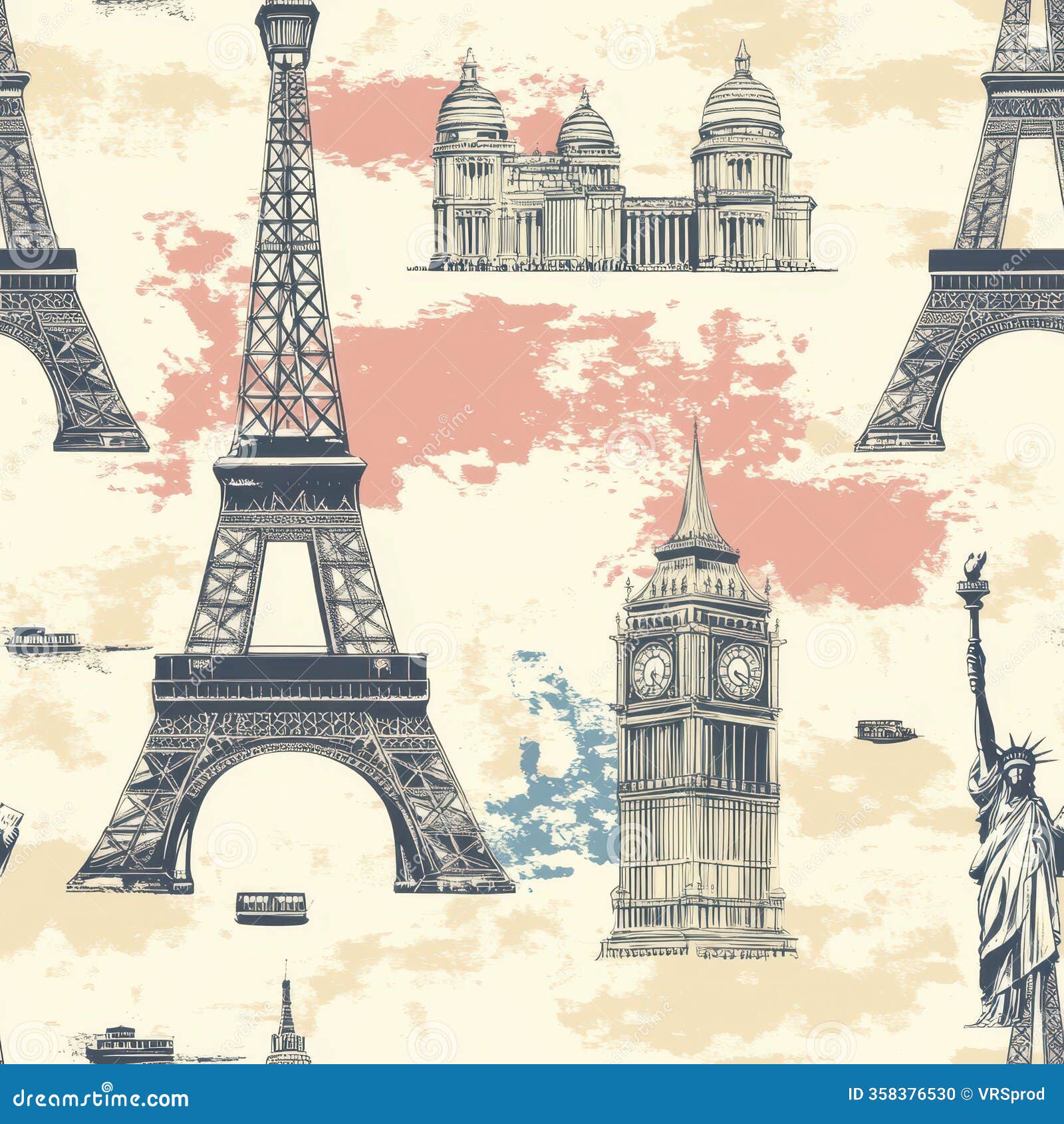 Illustrated Landmarks with Eiffel Tower and Big Ben Pattern Stock Photo ...