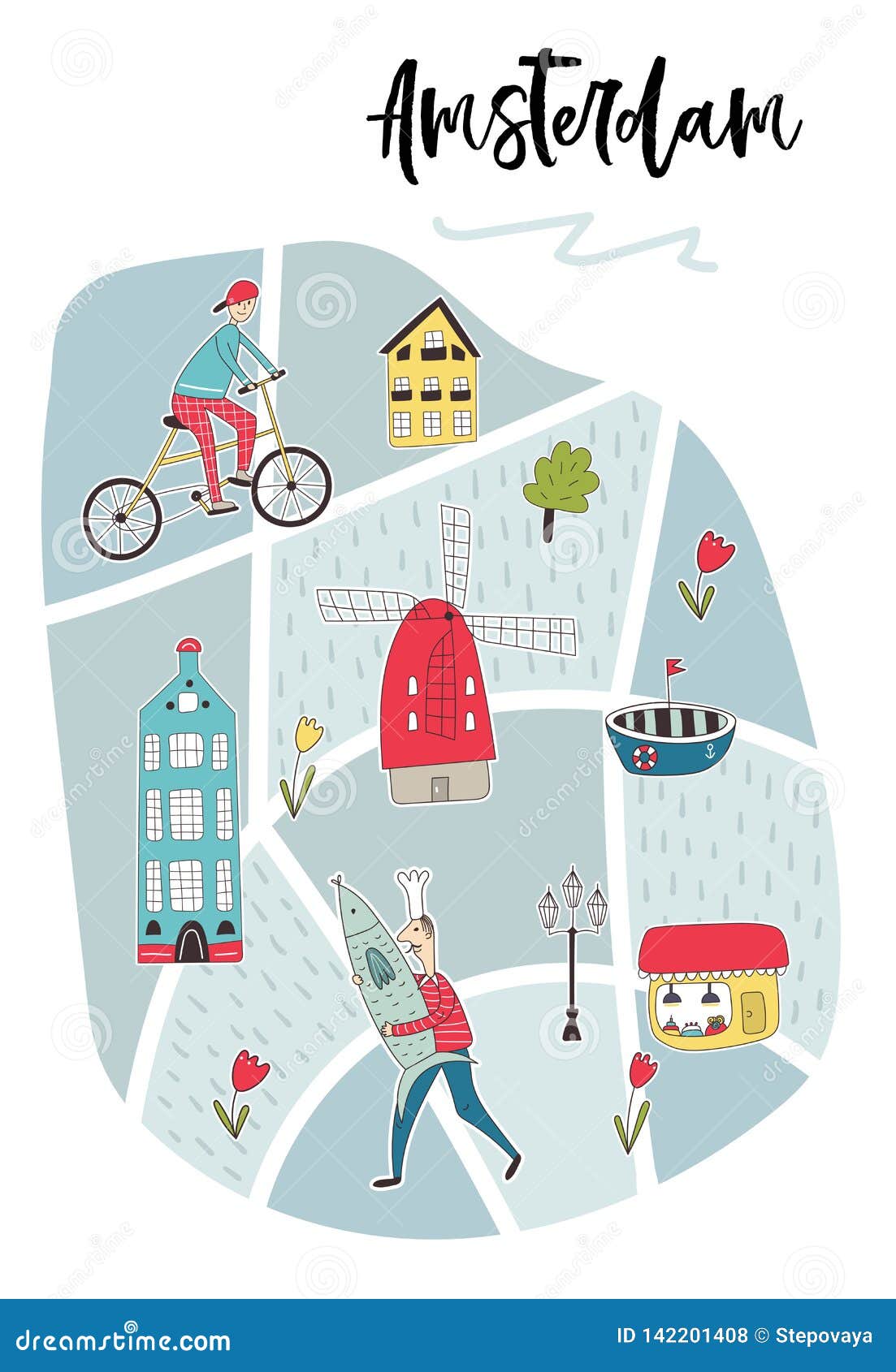 Illustrated Map of Amsterdam with Cute and Fun Hand Drawn Characters ...