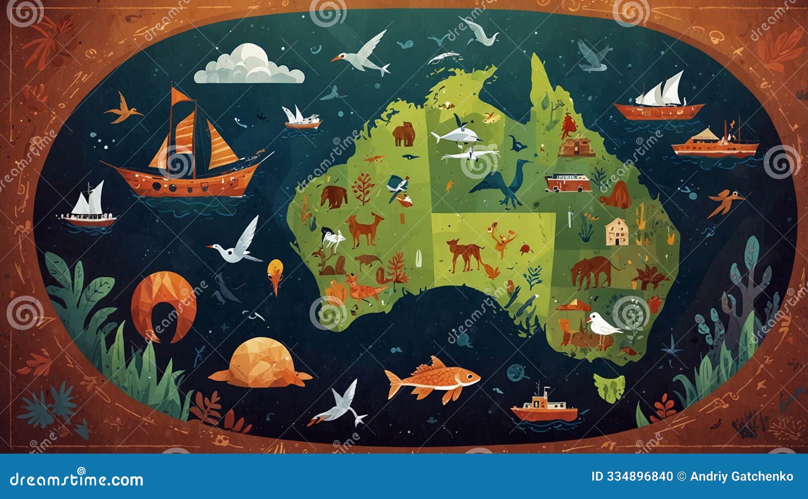 Illustrated Map of Australia Featuring Native Wildlife, Landmarks, and ...