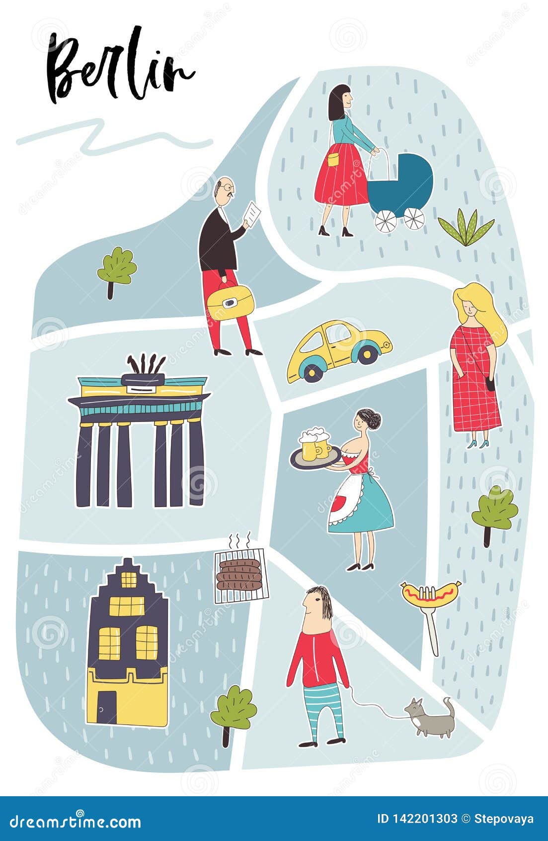 Illustrated Map of Berlin with Cute and Fun Hand Drawn Characters ...